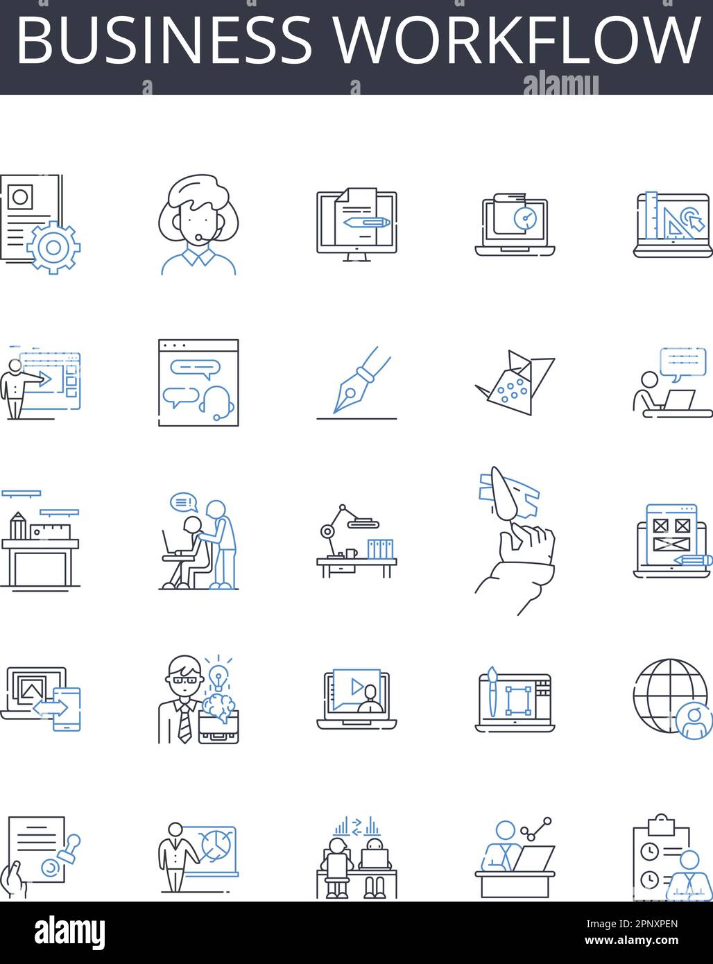 Business Workflow Line Icons Collection Work Process Task Route Job