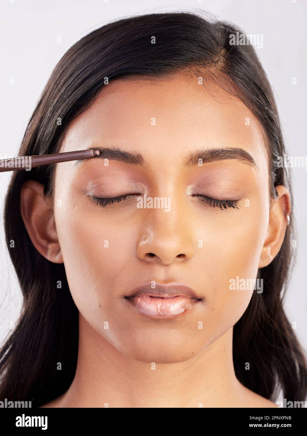 Woman, face and eyebrow pencil with beauty, makeup and eyes closed for ...