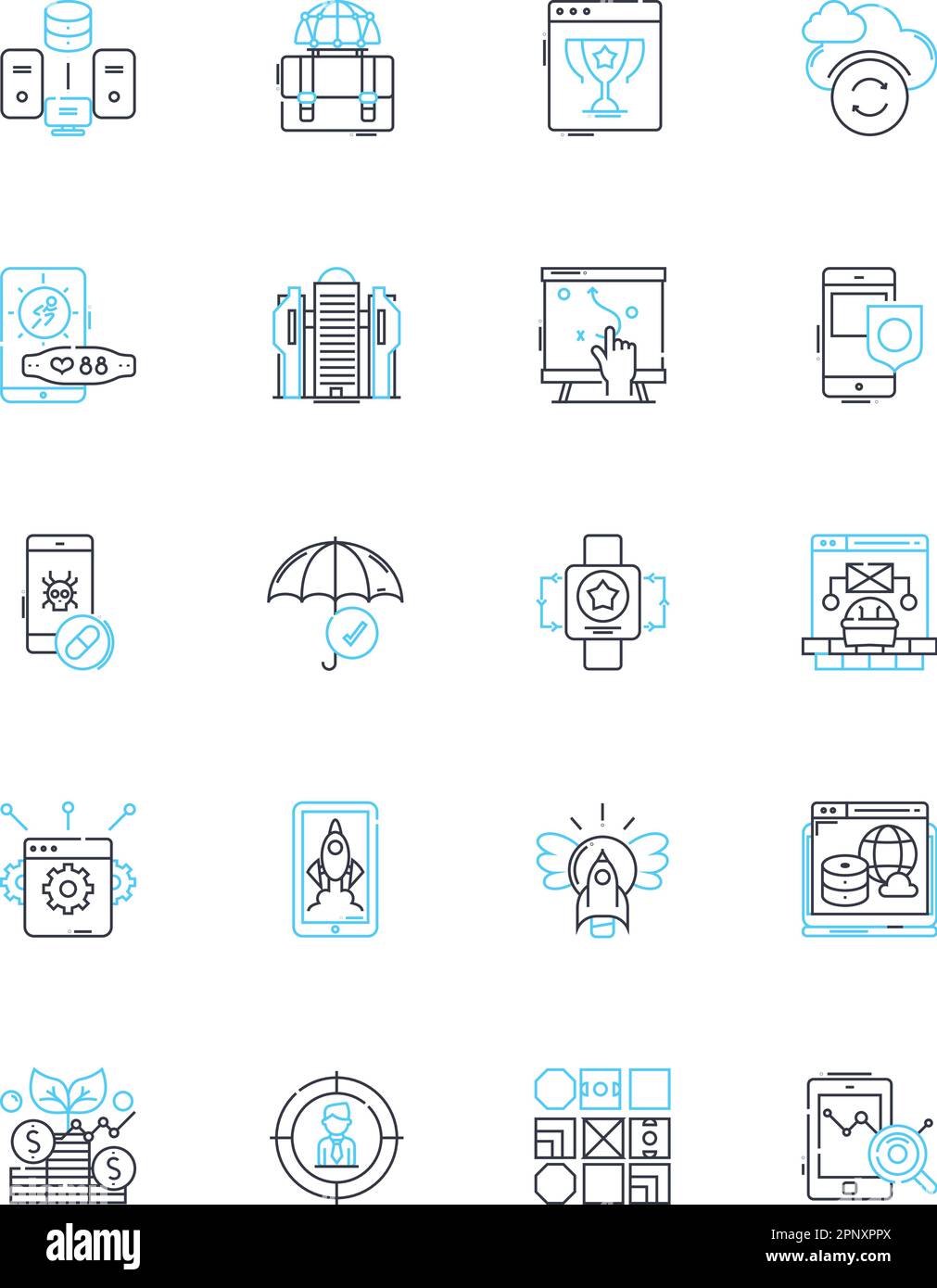 Search engine linear icons set. Google, Bing, Yahoo, DuckDuckGo, Index, Algorithm, Rankings line ...