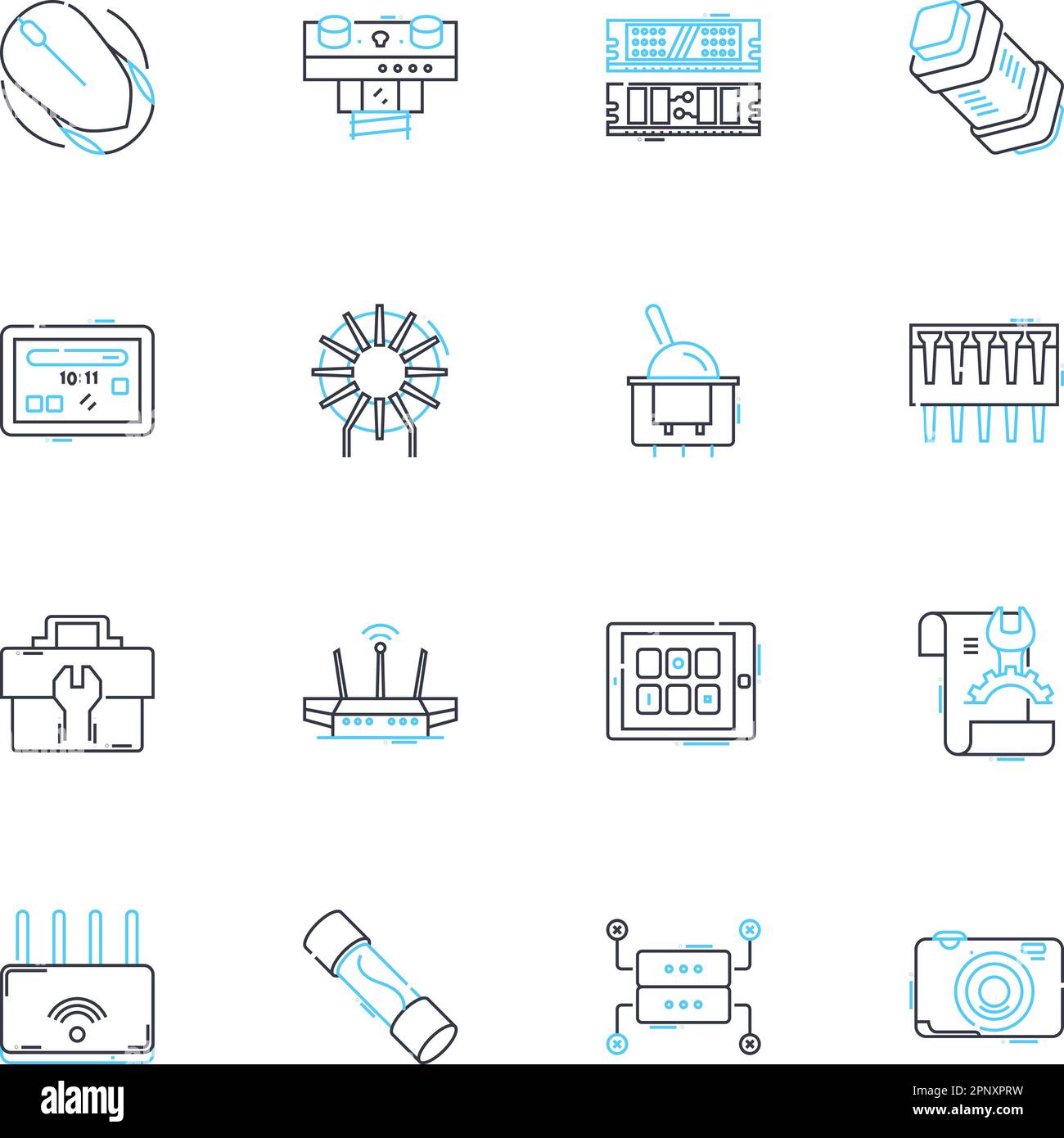 Audio equipment linear icons set. Amplifier, Headphs, Speakers, Microph ...