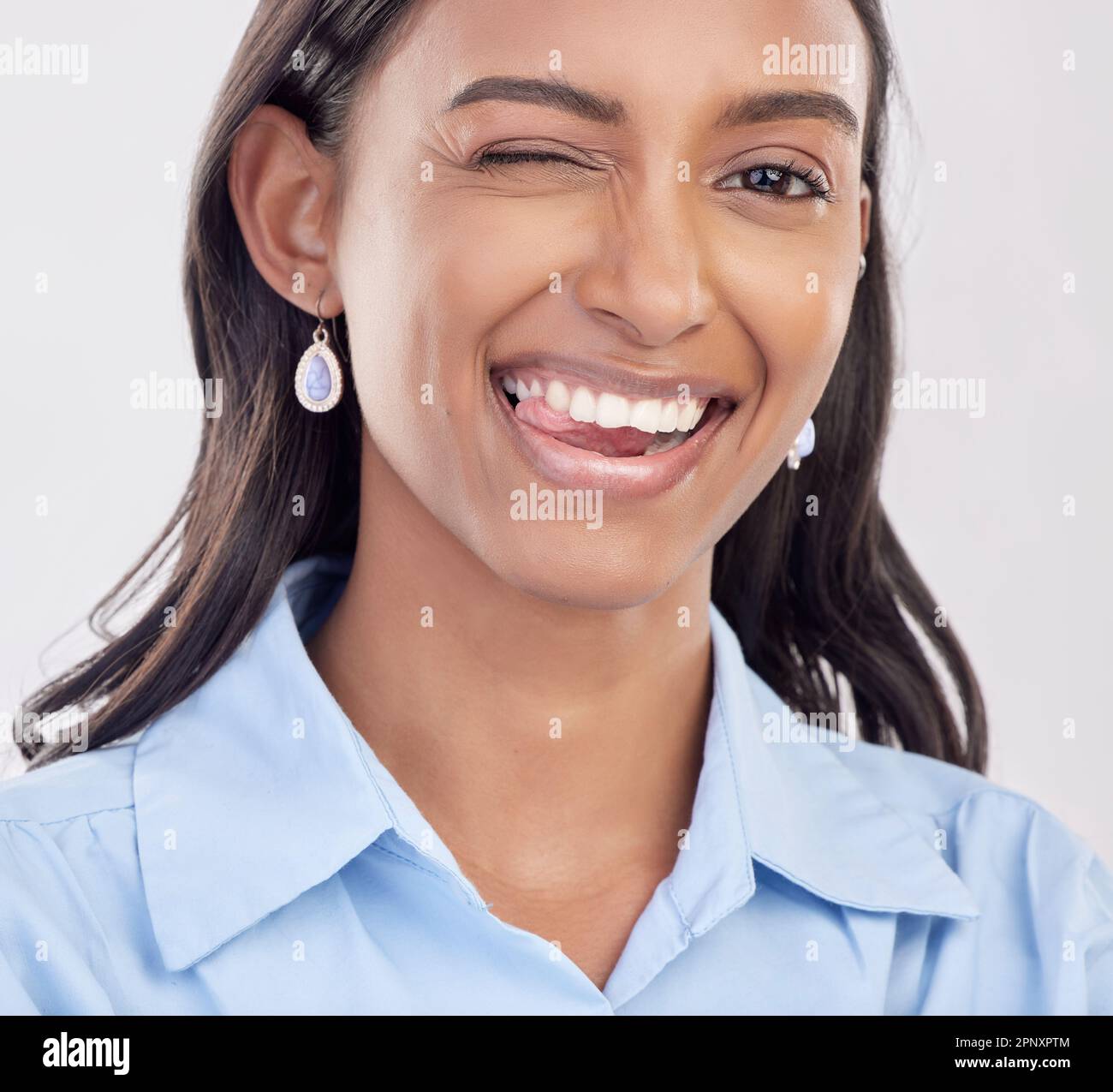 Wink, dental and woman with teeth whitening portrait for mouth hygiene ...