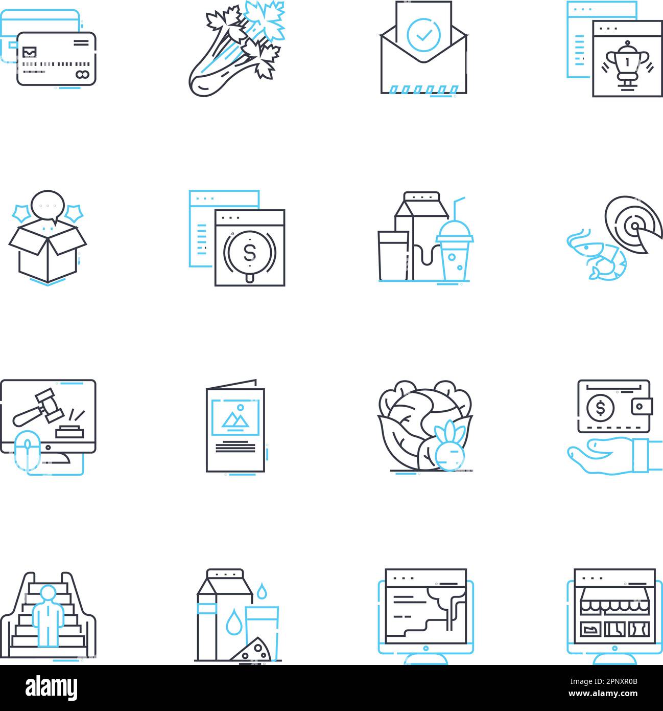 Retail center linear icons set. Shopping, Food, Clothing, Entertainment ...