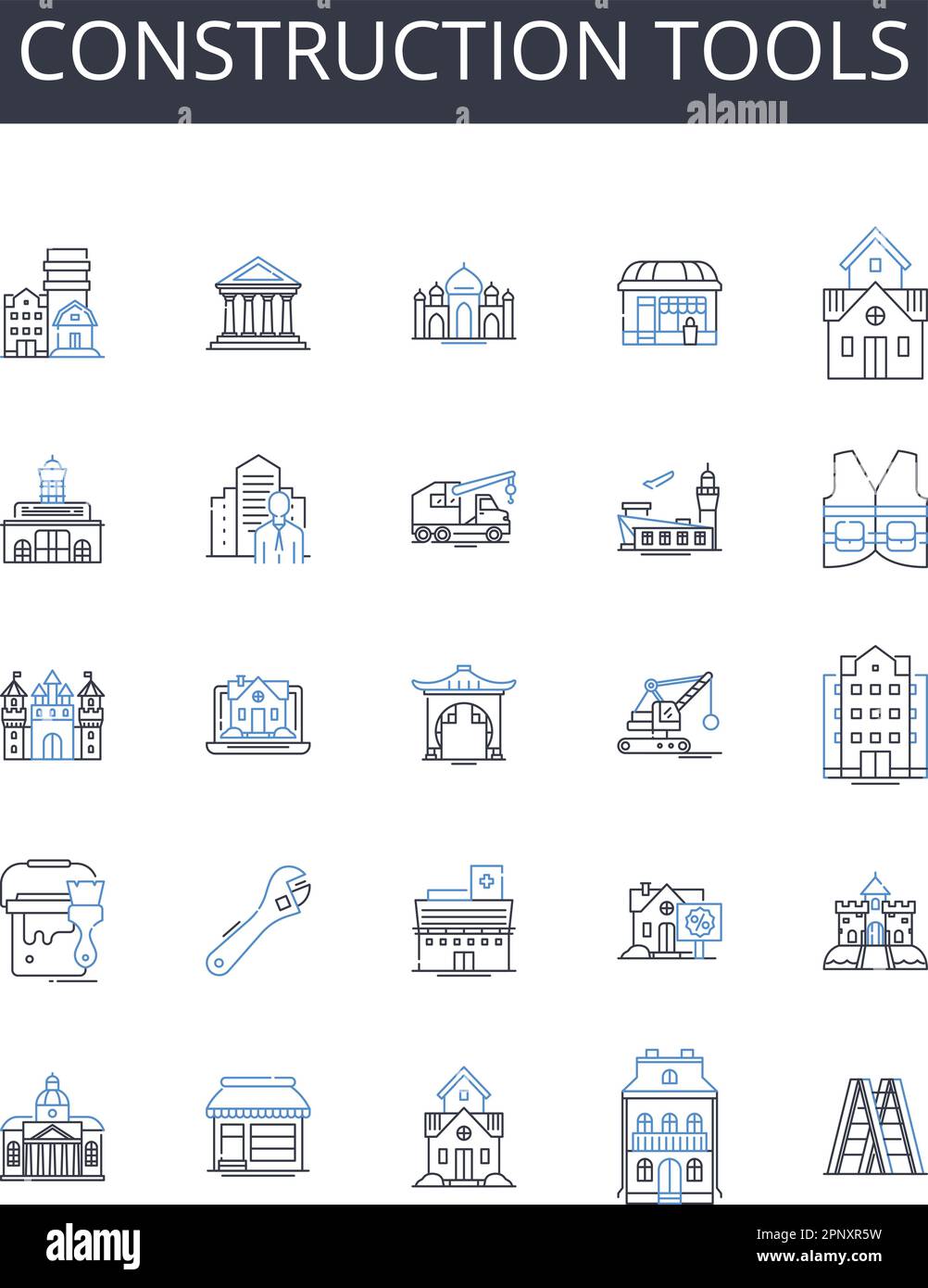Construction tools line icons collection. Bulldozer, Excavator, Crane ...
