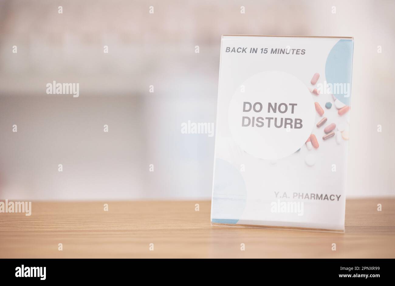 Employee break, sign and pharmacy poster in a medical shop and clinic ...