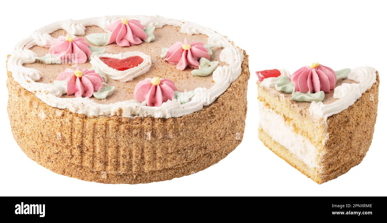 Cake with glaze. With love, heart on the cake. Whole cake and a piece ...