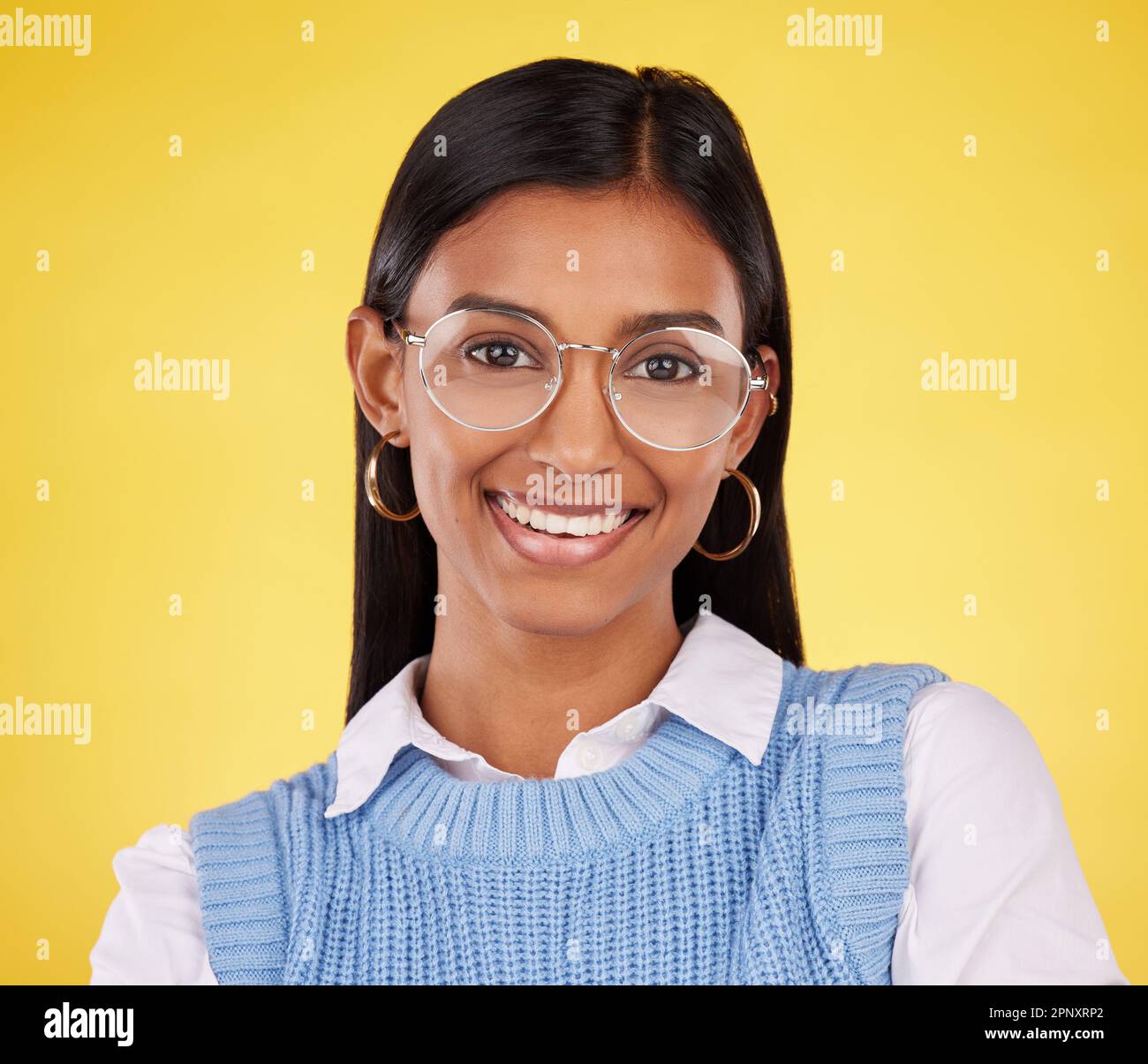 Happy, glasses and portrait of woman in studio for business, corporate ...