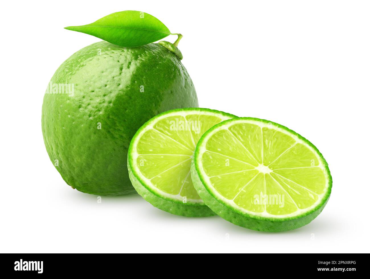 Whole lime fruit and slices isolated of white background with clipping ...