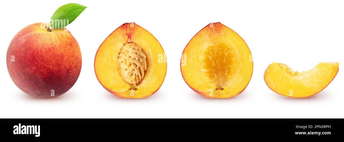 Whole fresh peach fruit with leaf, half and pieces in a row isolated on ...