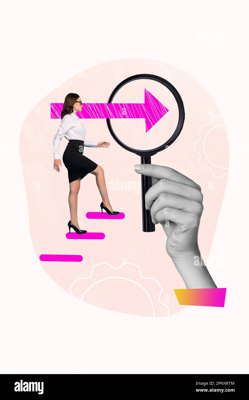 Poster banner magazine collage of confident leader business lady go up ...