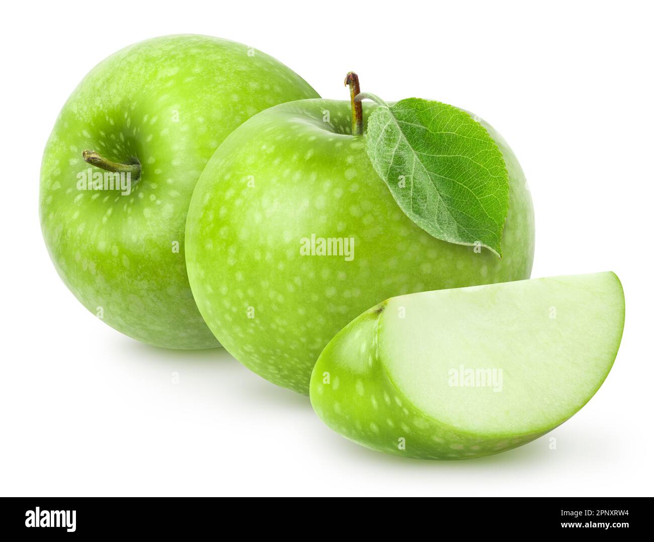 Isolated apple. Two green apple fruit and a piece isolated on white ...