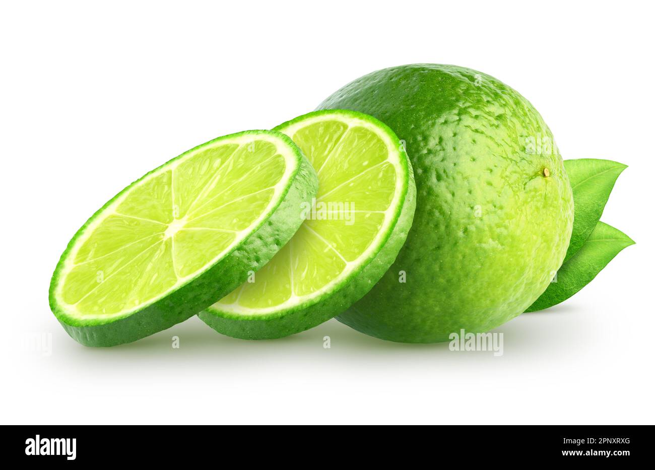 Isolated lime slices.Whole and sliced lime fruits with leaves isolated ...