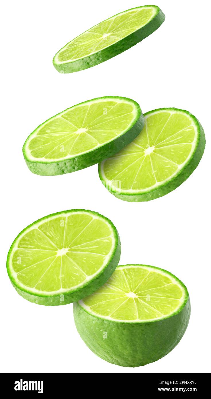Isolated flying limes. Falling sliced lime fruit isolated on white ...