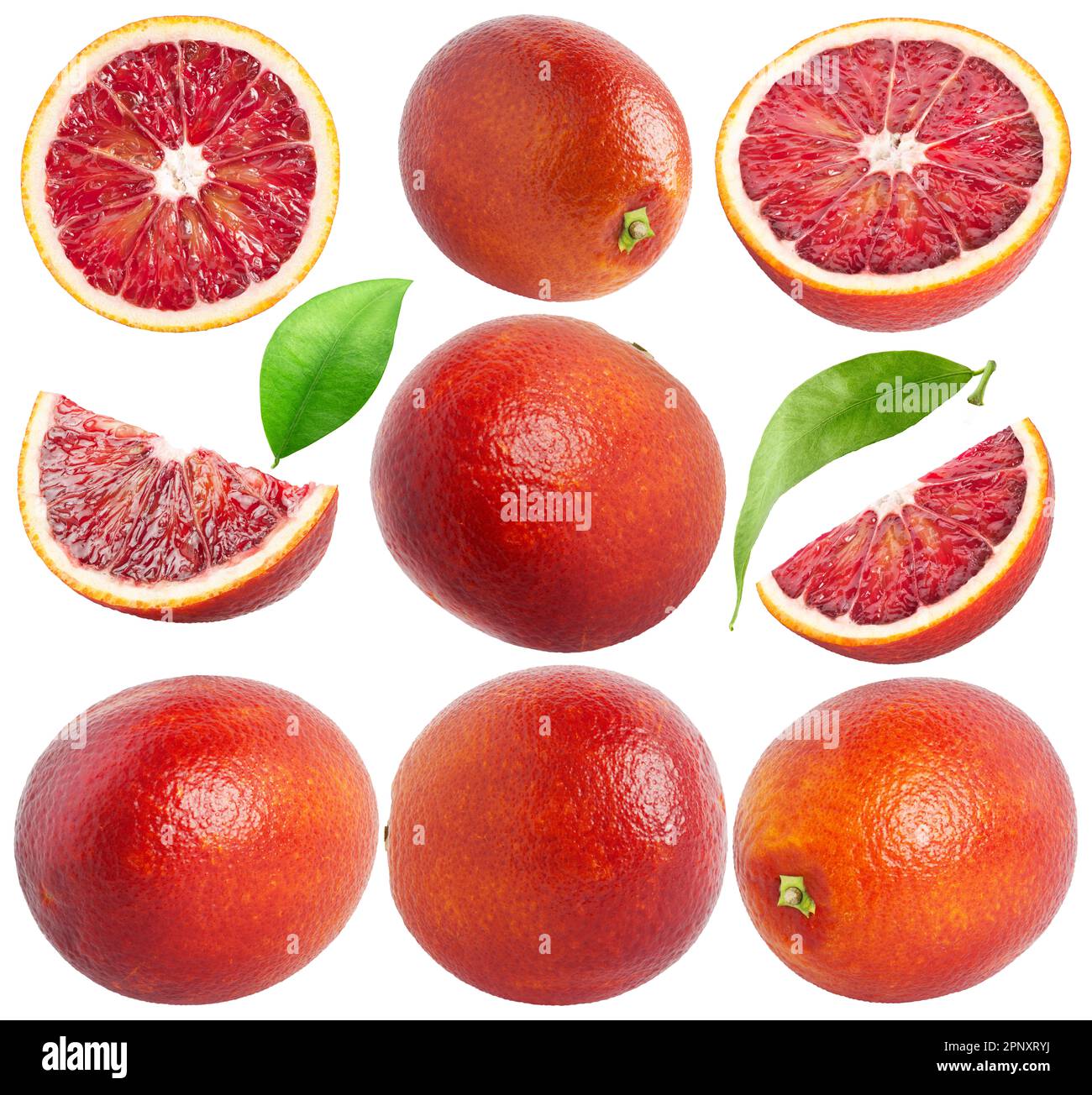 Isolated blood oranges. Collection of whole and cut red oranges of ...