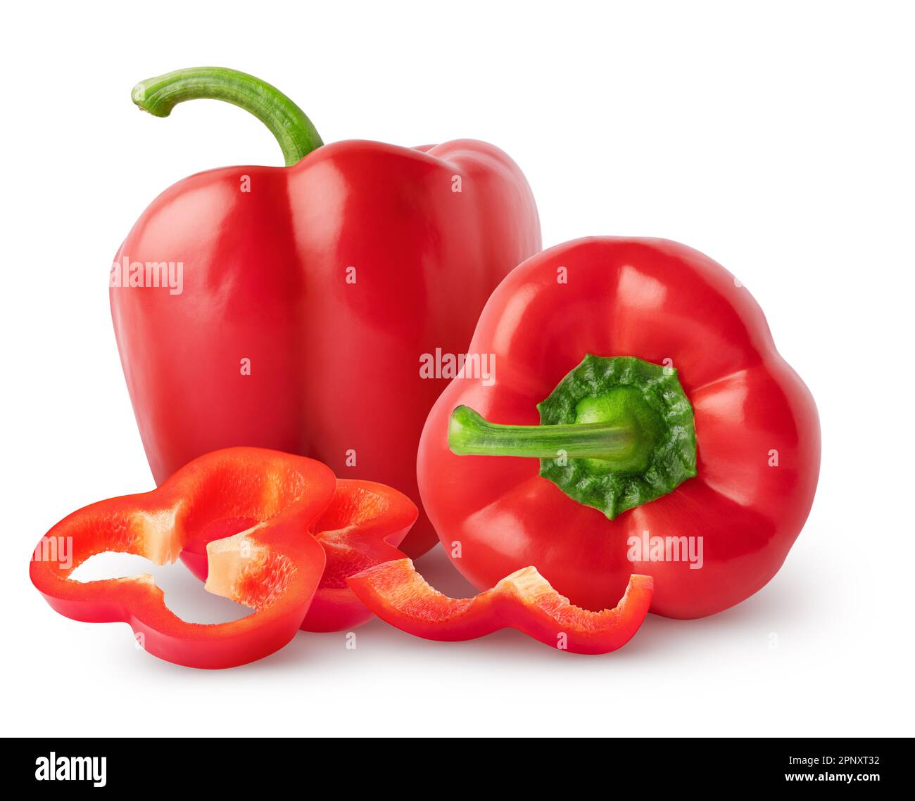 Isolated bell peppers. Two whole red bell pepper with slices isolated ...