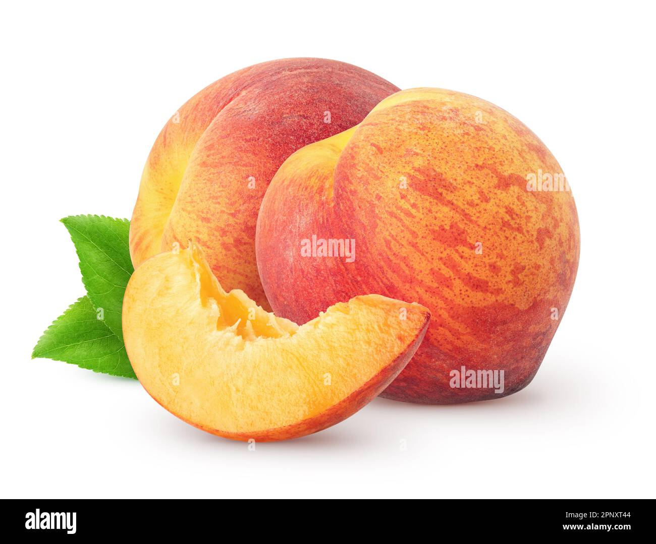 Isolated peaches. Two whole peach fruits and a slice isolated on white ...