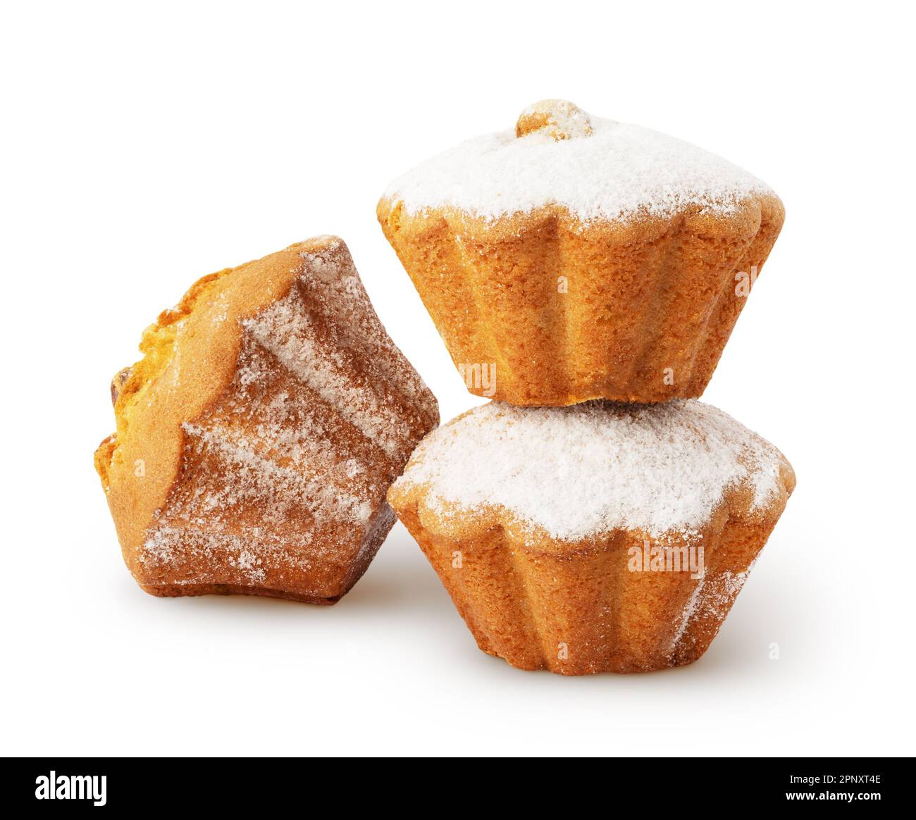 Three muffins with raisin and powdered sugar isolated on white ...