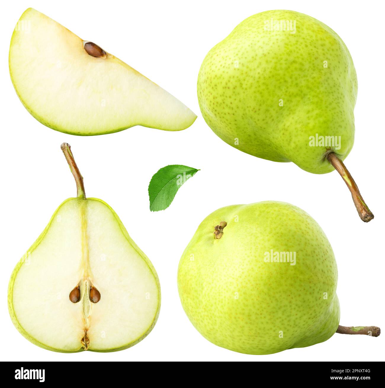 Isolated pears. Collection of whole and sliced pear fruits with leaf ...
