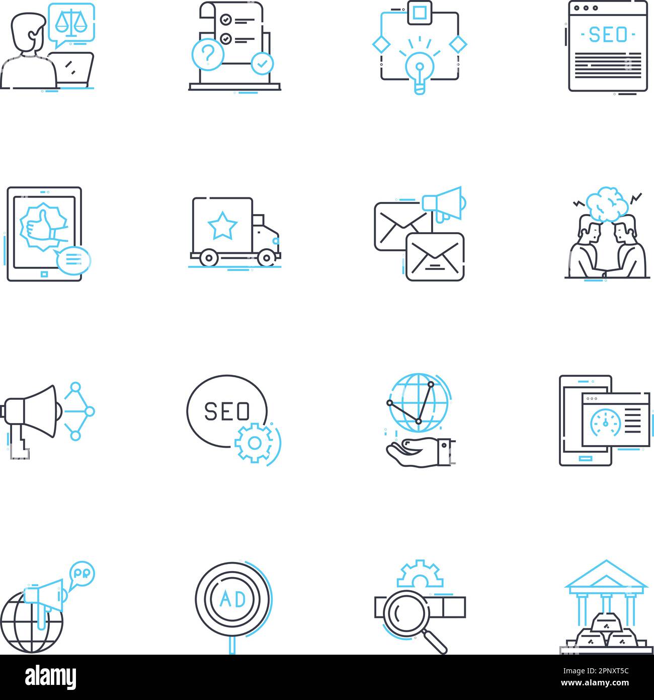 News review linear icons set. Current, Relevant, Timely, Engaging ...