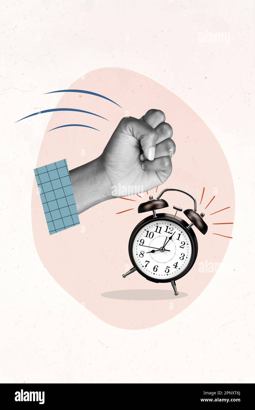 Vertical collage image of black white gamma arm fist punch hit bell ...