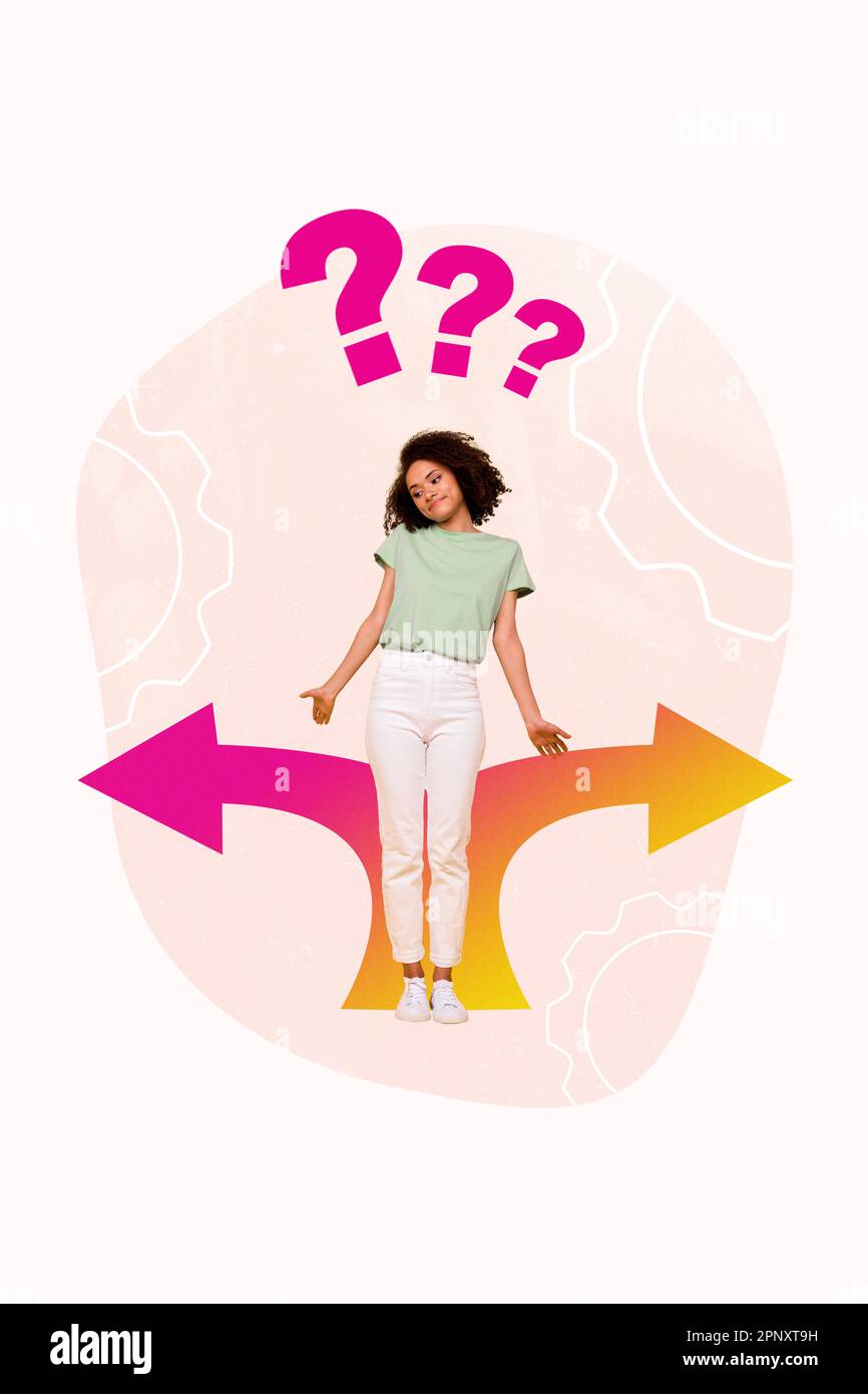 Vertical collage image of mini questioned minded girl shrug shoulders ...