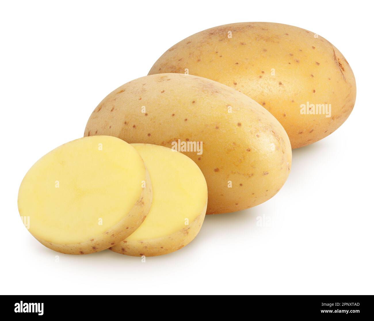 Isolated potatoes. Raw potatoes and cut pieces isolated on white, with ...
