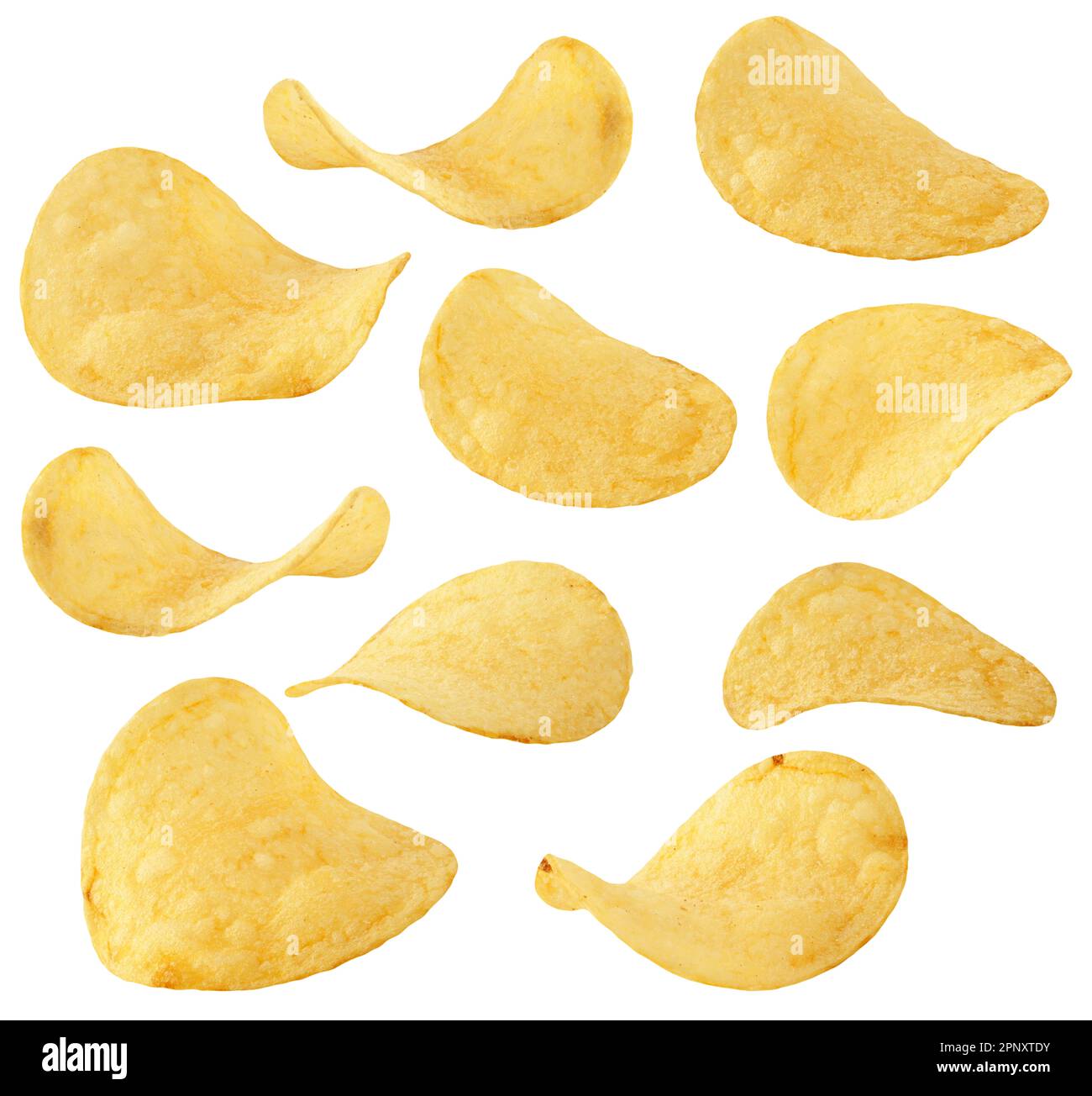 Chips collection. Potato chips in different position and angle isolated ...