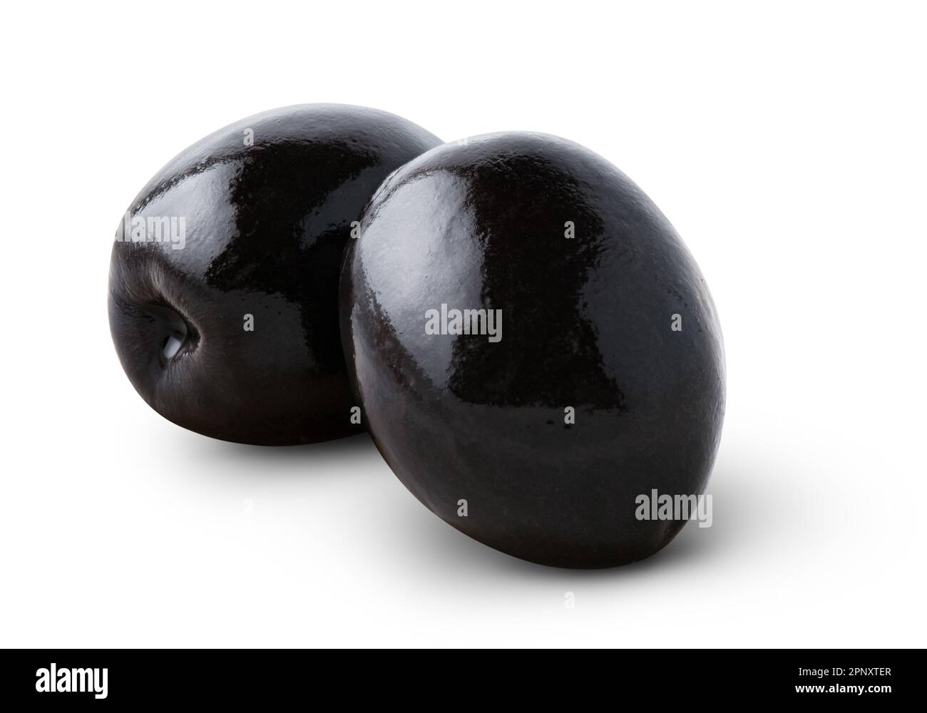 Isolated olives. Two black olives isolated on white background, with ...