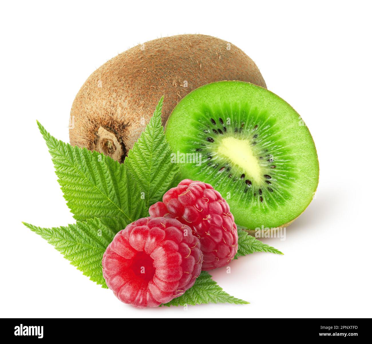 Isolated fruits. Two raspberry and whole kiwi and half isolated on ...