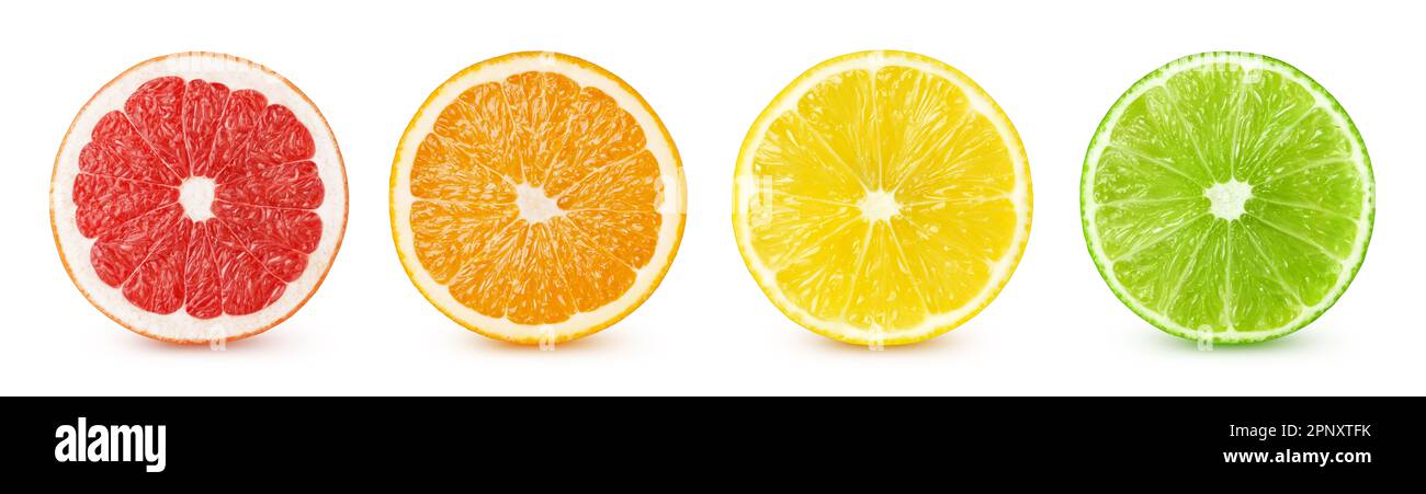 Isolated citrus slices. Cut of grapefruit, orange, lemon, lime fruit ...