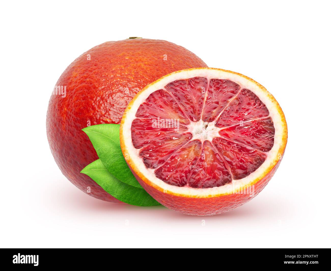 Isolated blood oranges. Whole red orange fruit and half with leaves ...