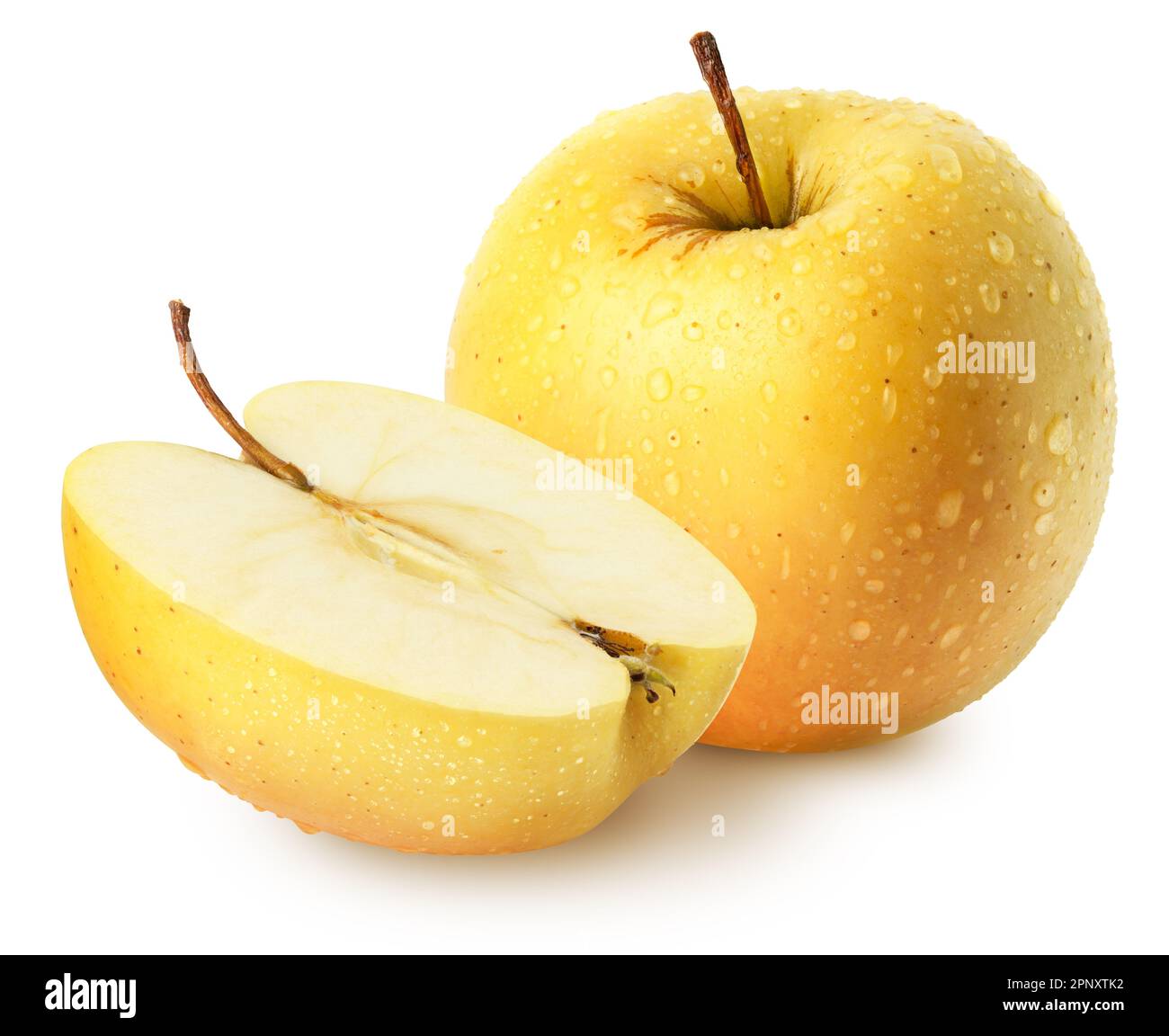 Isolated apples. Whole yellow (golden) apple fruit with half isolated ...