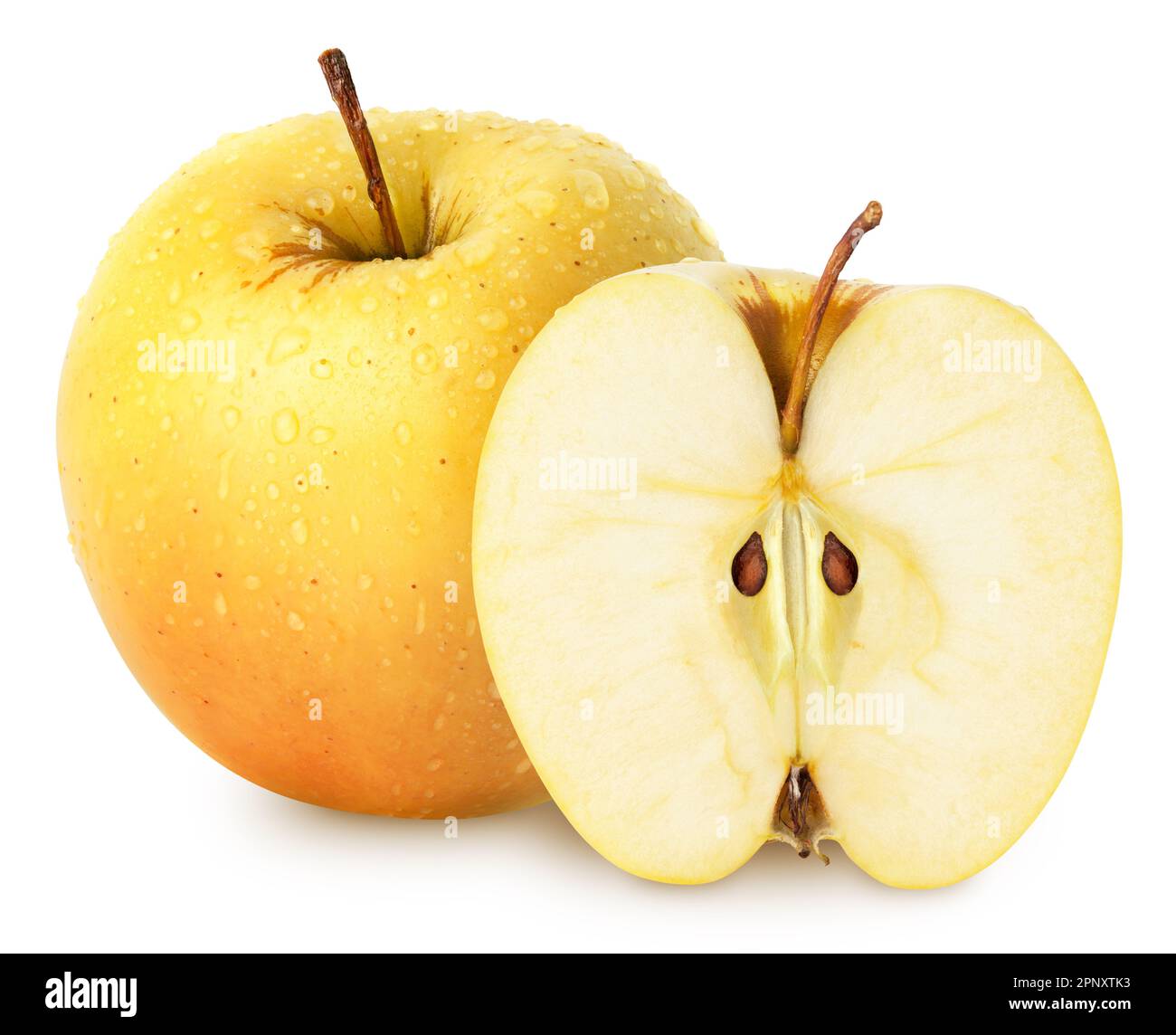 Isolated wet apples. Whole yellow (golden) apple fruit with half ...