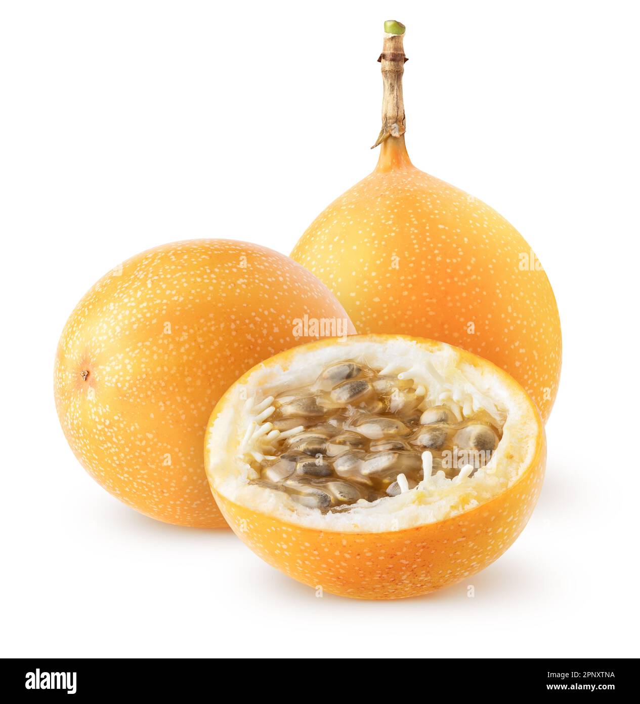 Isolated granadilla fruits. Two whole granadilla (grenadia, passion ...