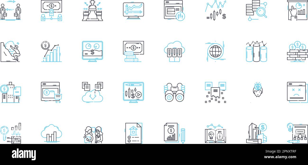 Fiscal figures linear icons set. Budget, Revenue, Expenditure, Deficit ...