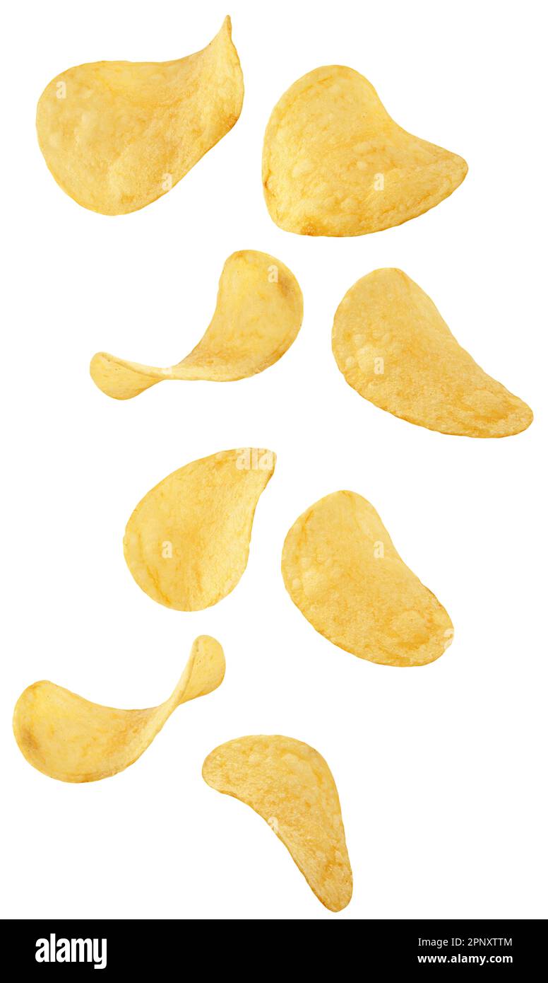 Isolated chips. Falling potato chips isolated on white background with ...