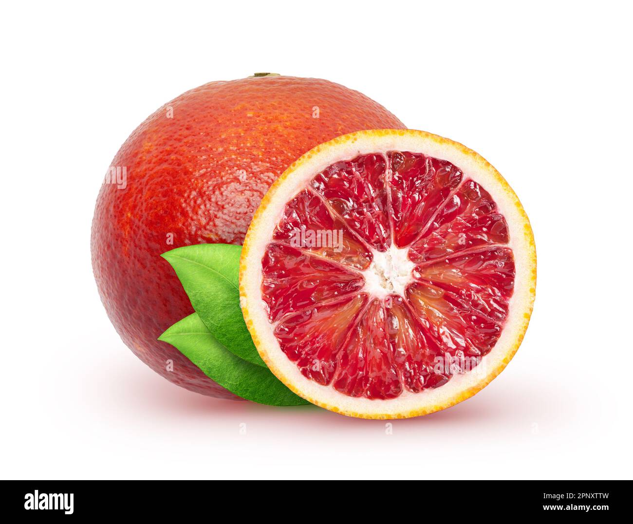 Isolated blood oranges. Whole red orange fruit and a slice with leaves ...