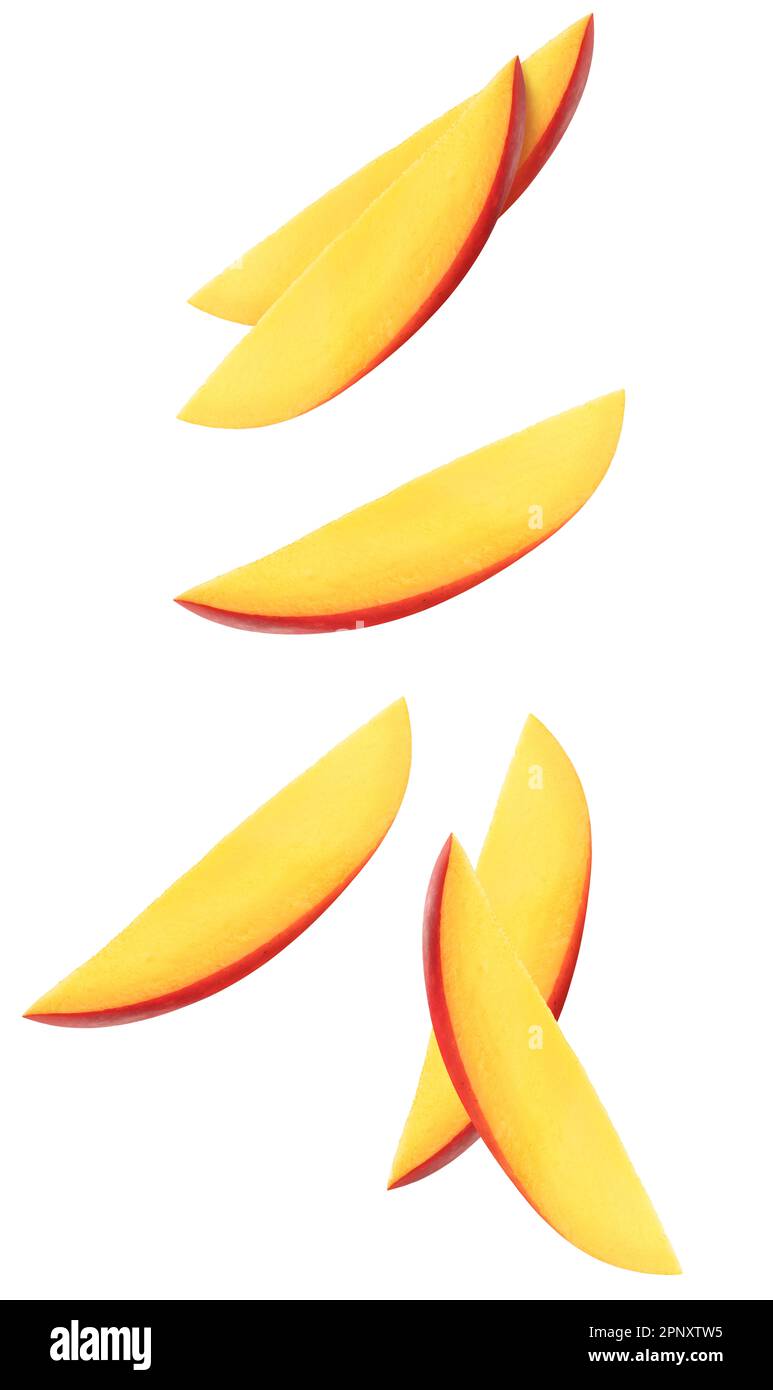Isolated flying mango slices. Falling mango fruits isolated on white ...