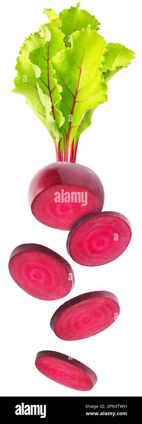 Isolated flying beetroots. Falling sliced beetroot with leaves isolated ...