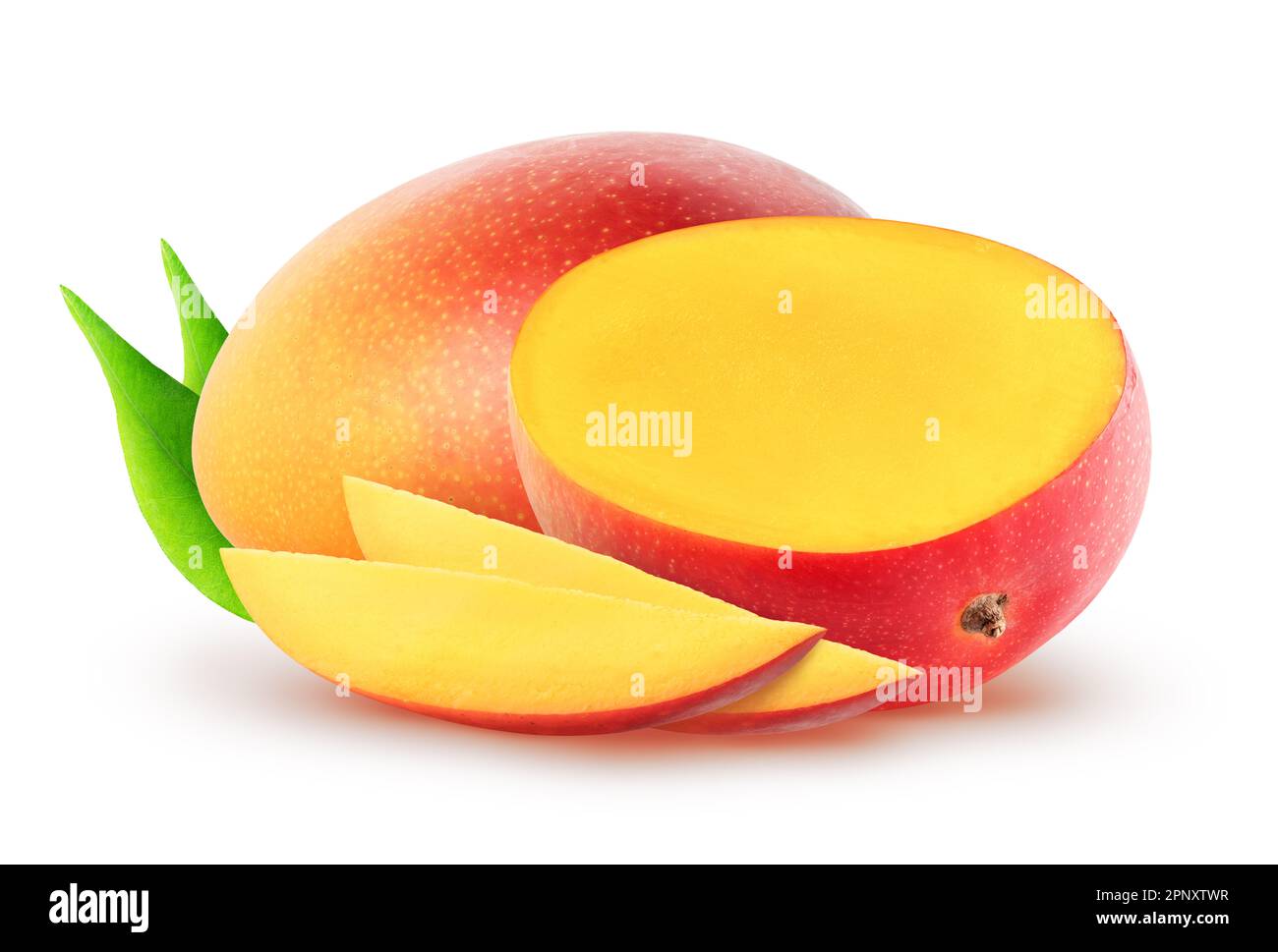 Isolated group of mango. Whole mango fruit, half and slices with leaves ...