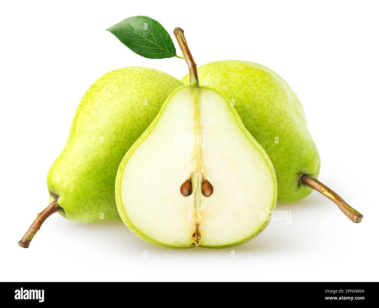 Isolated pears. Two whole pear fruits and slice isolated on white ...