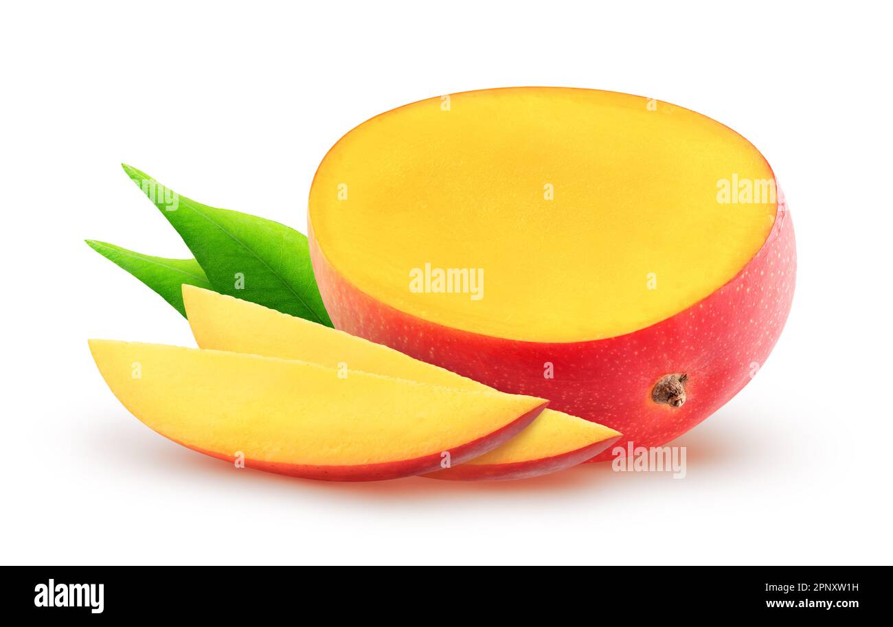 Isolated sliced mango. Half of mango fruit and slices isolated on white ...