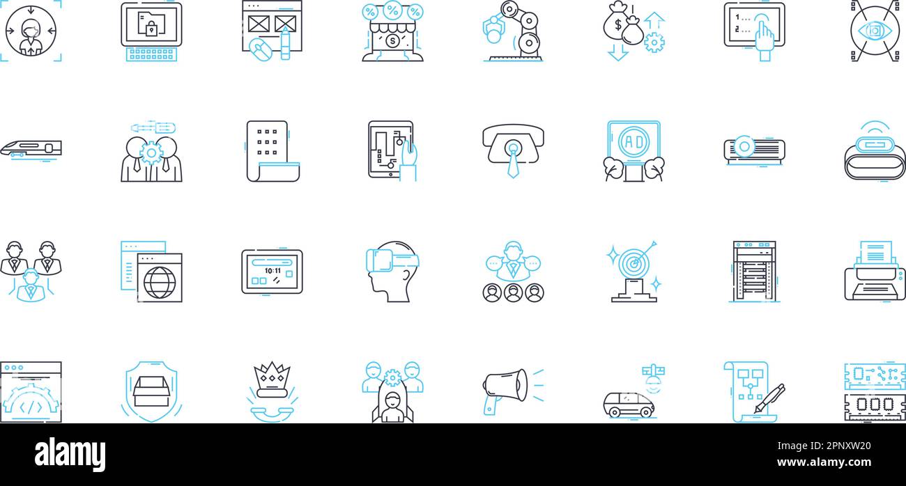 Communication outreach linear icons set. Nerking, Engagement, Promotion, Advertising ...