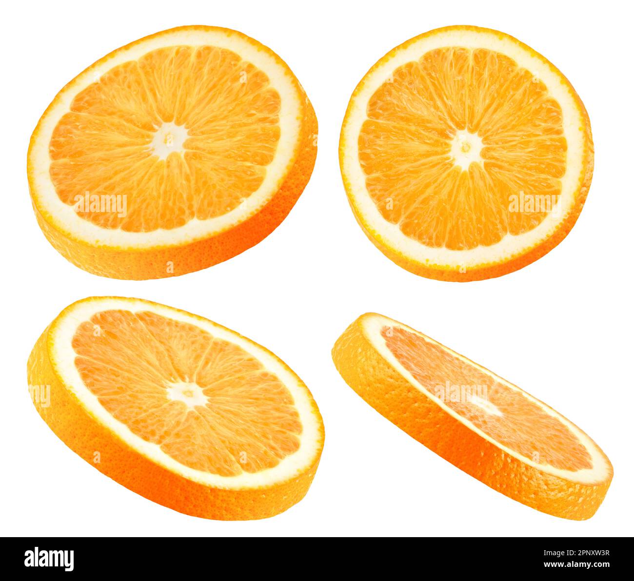 Collection of orange slices. Four different angle of orange fruit slice ...