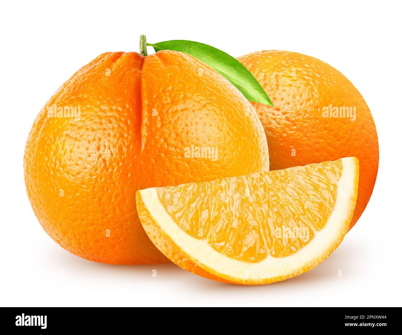 Isolated oranges. Two whole orange fruit and piece with leaf isolated ...