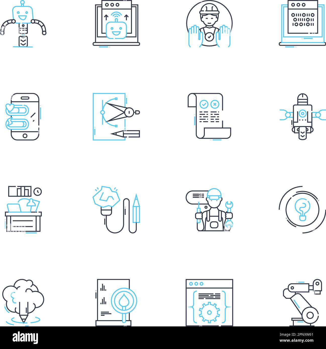 Self-reliant robots linear icons set. Autonomous, Efficient, Agile, Tech-savvy, Adaptive, Self ...