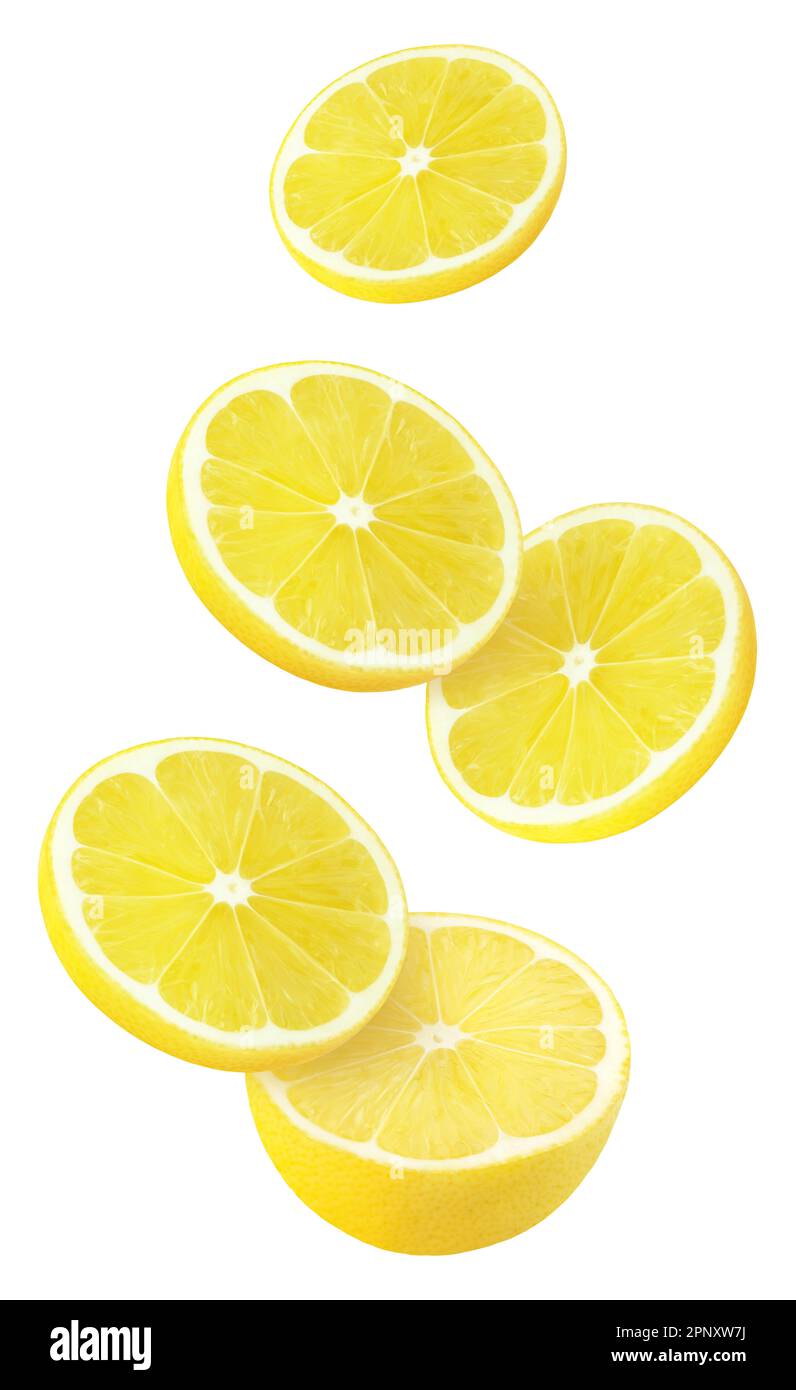 Isolated flying lemons. Falling sliced lemon fruit isolated on white ...