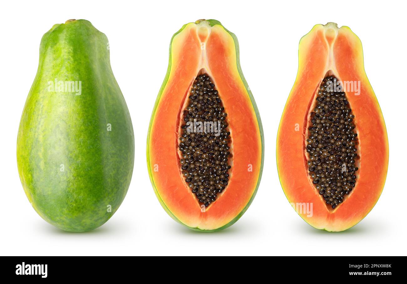 Isolated papaya in a row. Whole papaya fruit and two halves isolated on ...