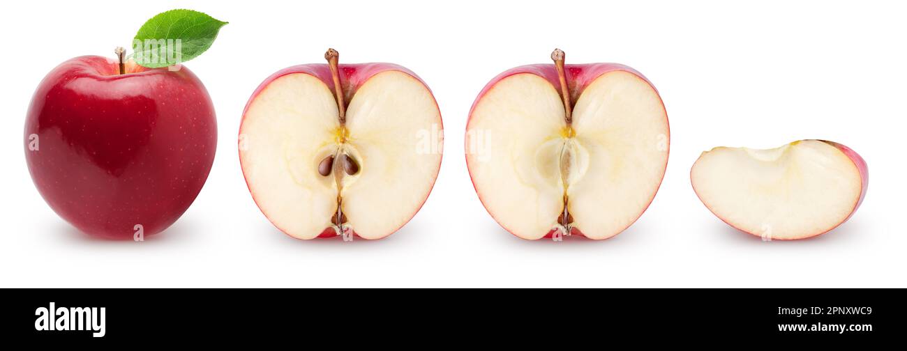 Whole fresh red apple fruit with leaf, half with seeds and without, and ...