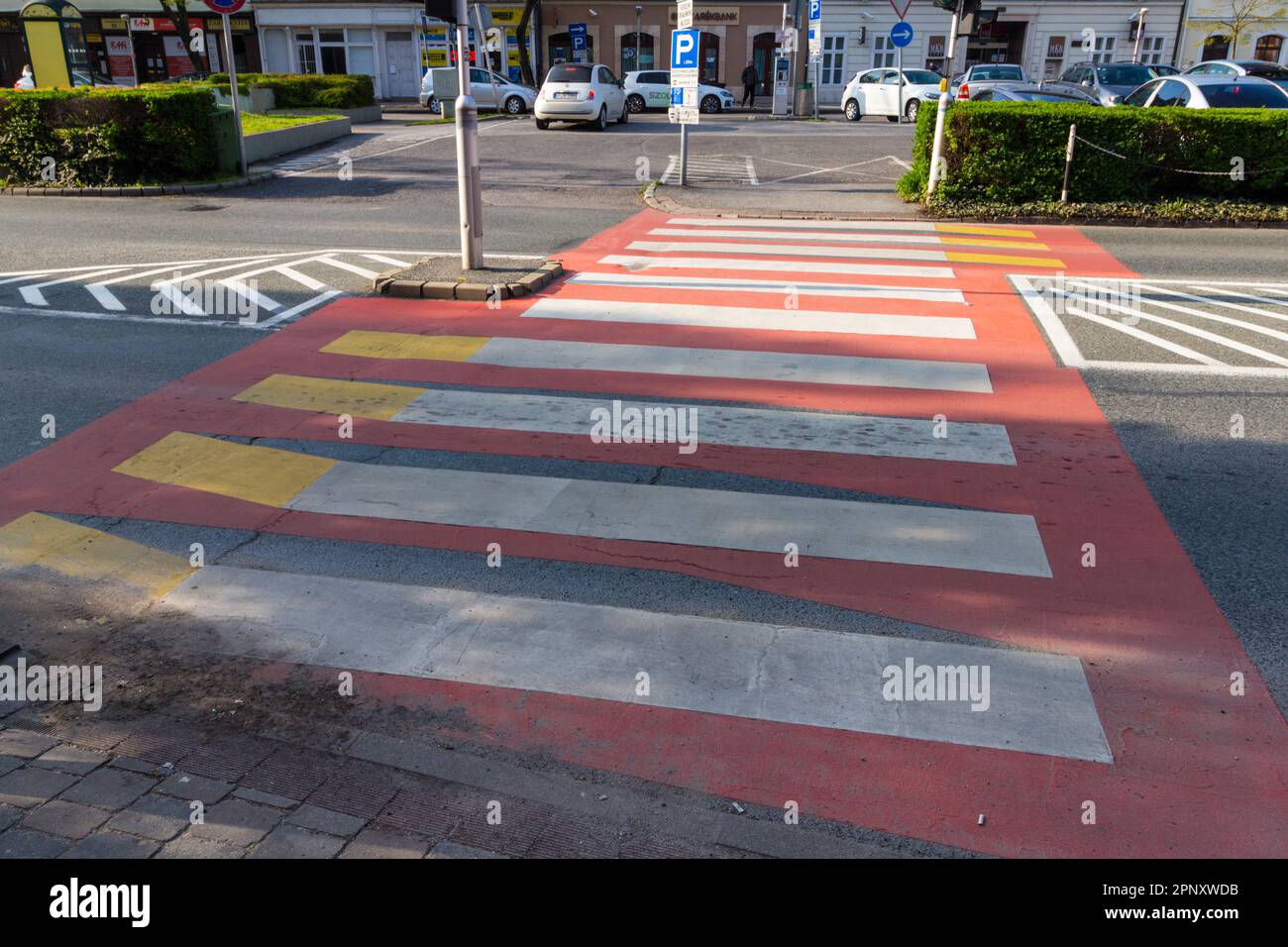 Pedestrian crossing with optical illusion on road, Varkerulet, Sopron ...