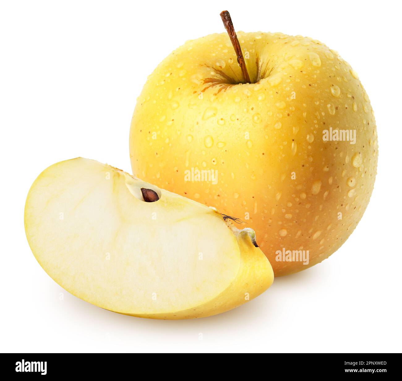 Isolated apples. Whole yellow (golden) apple fruit with slice isolated ...